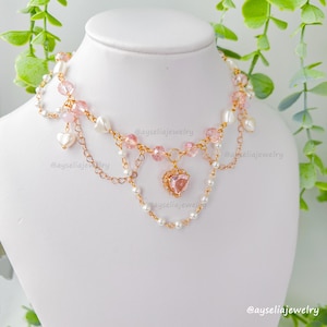 Princess Necklace Pink, Crystal and Pearl Choker, Heart Chain, Heart ...