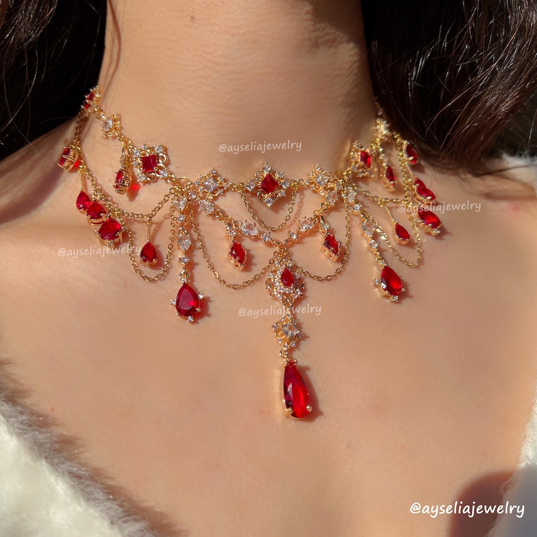 Ruby Red Necklace, Elegant Victorian Statement Necklace, Red & Gold ...