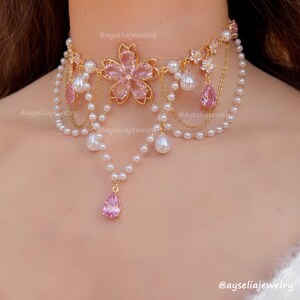 Princess Flower Necklace, Sakura Necklace With Pearls, Big Flower Charm ...
