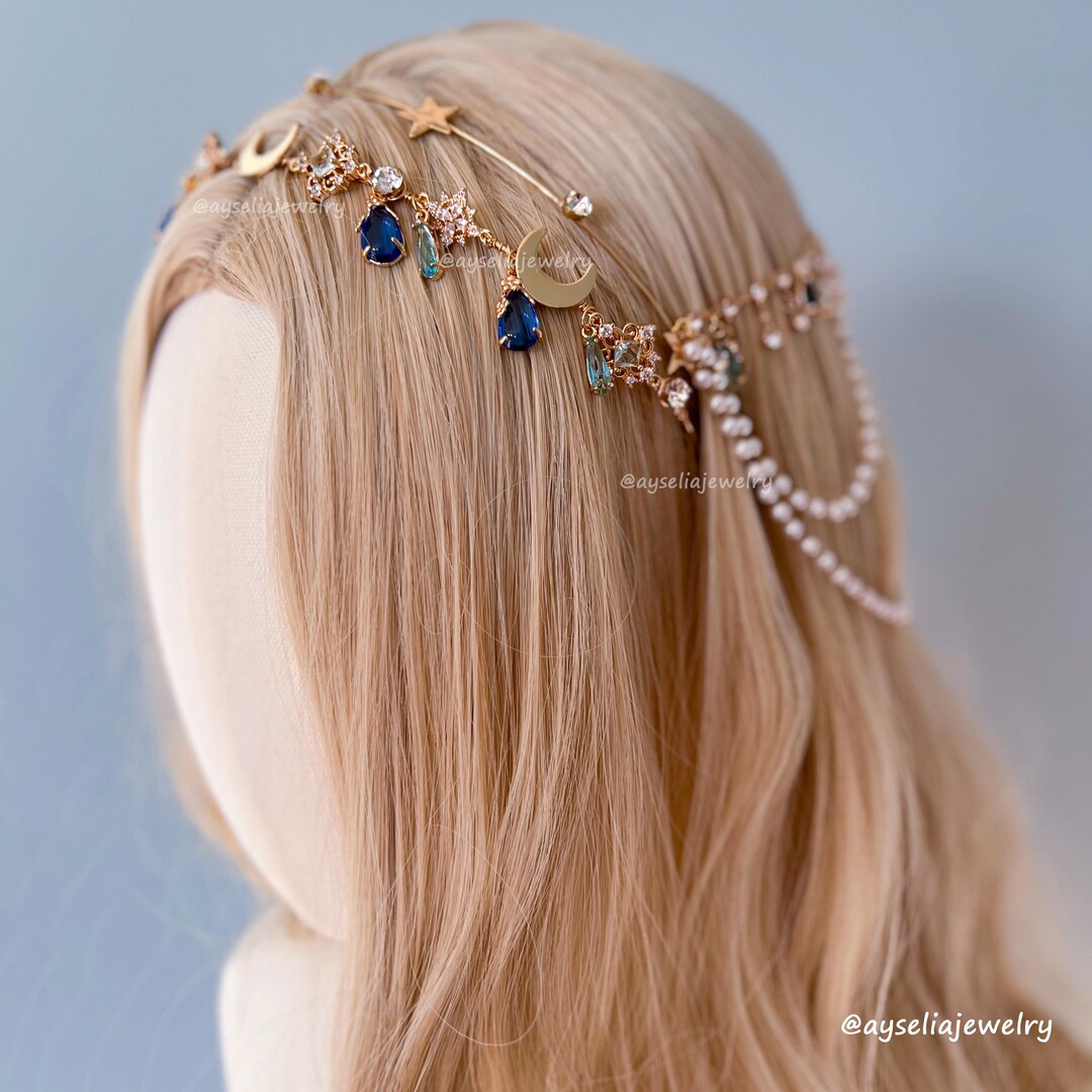 Celestial Moon Tiara With Layers in the Back, Pearls and Blue Colors ...