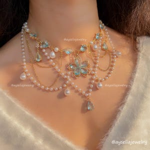 Princess Flower Necklace, Sakura Necklace With Pearls, Big Flower Charm ...