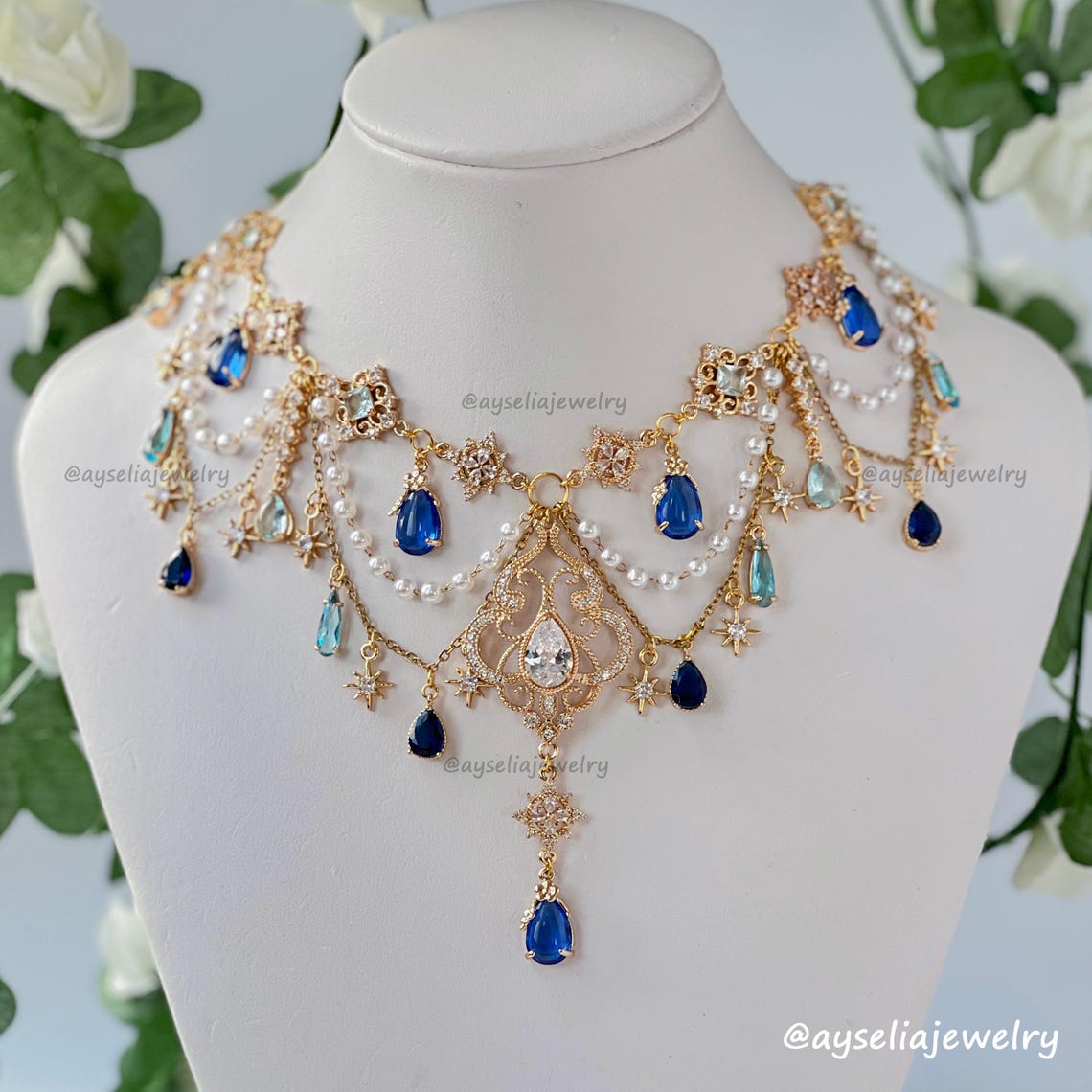 Maximalist Celestial Necklace, Light Blue, Dark Blue & Gold, Regency ...
