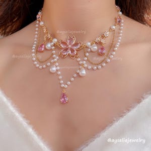 Princess Flower Necklace, Sakura Necklace With Pearls, Big Flower Charm ...