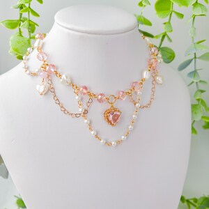 Princess Necklace Pink, Crystal and Pearl Choker, Heart Chain, Heart ...