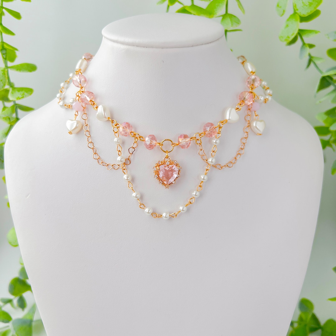 Princess Necklace Pink, Crystal and Pearl Choker, Heart Chain, Heart ...