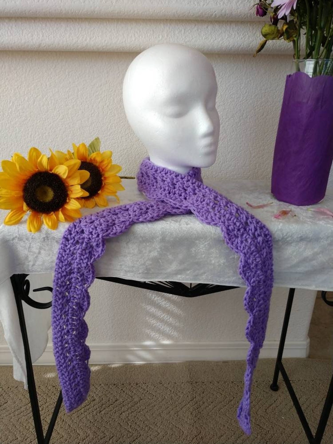 Skinny Crochet Scarf/purple Crochet Scarf/lavender Scarf/skinny Scallop ...