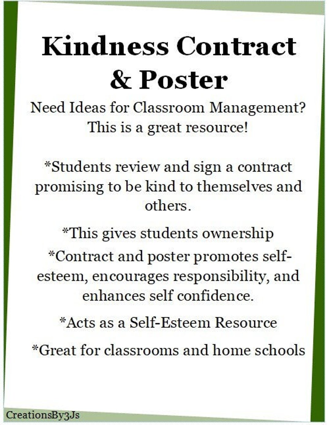 Kindness Contract and Poster - Classroom Management Resource/self ...