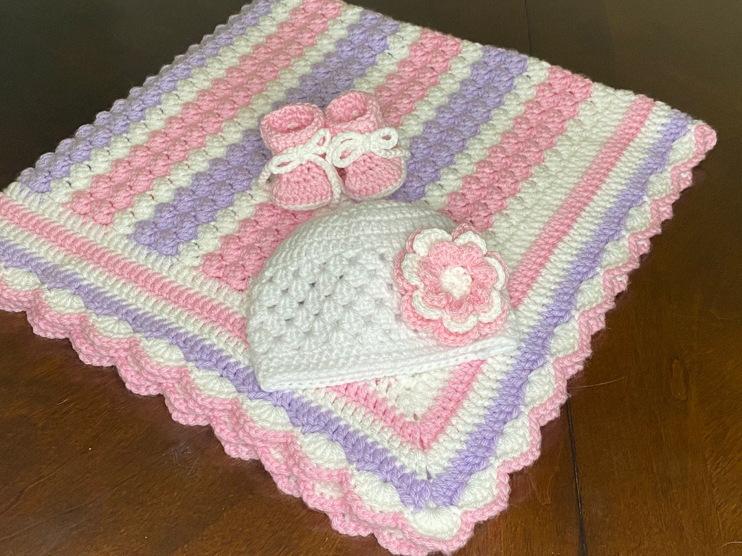 Crochet Baby Girl Blanket With Matching Booties and Hat Set, Newborn ...