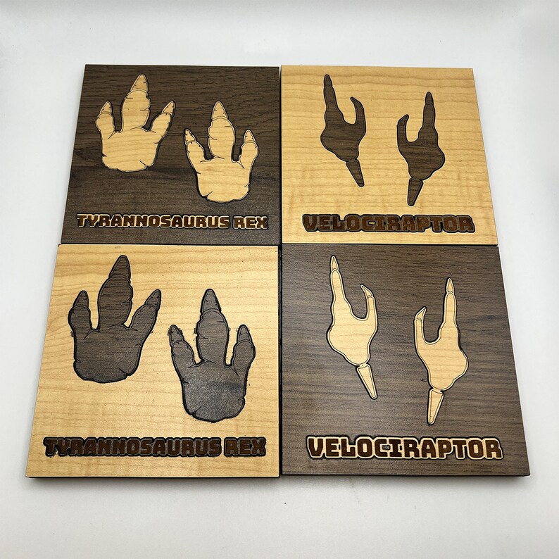 Tyrannosaurus Rex and Velociraptor Dinosaurs Tracks Wood Inlay Drink ...