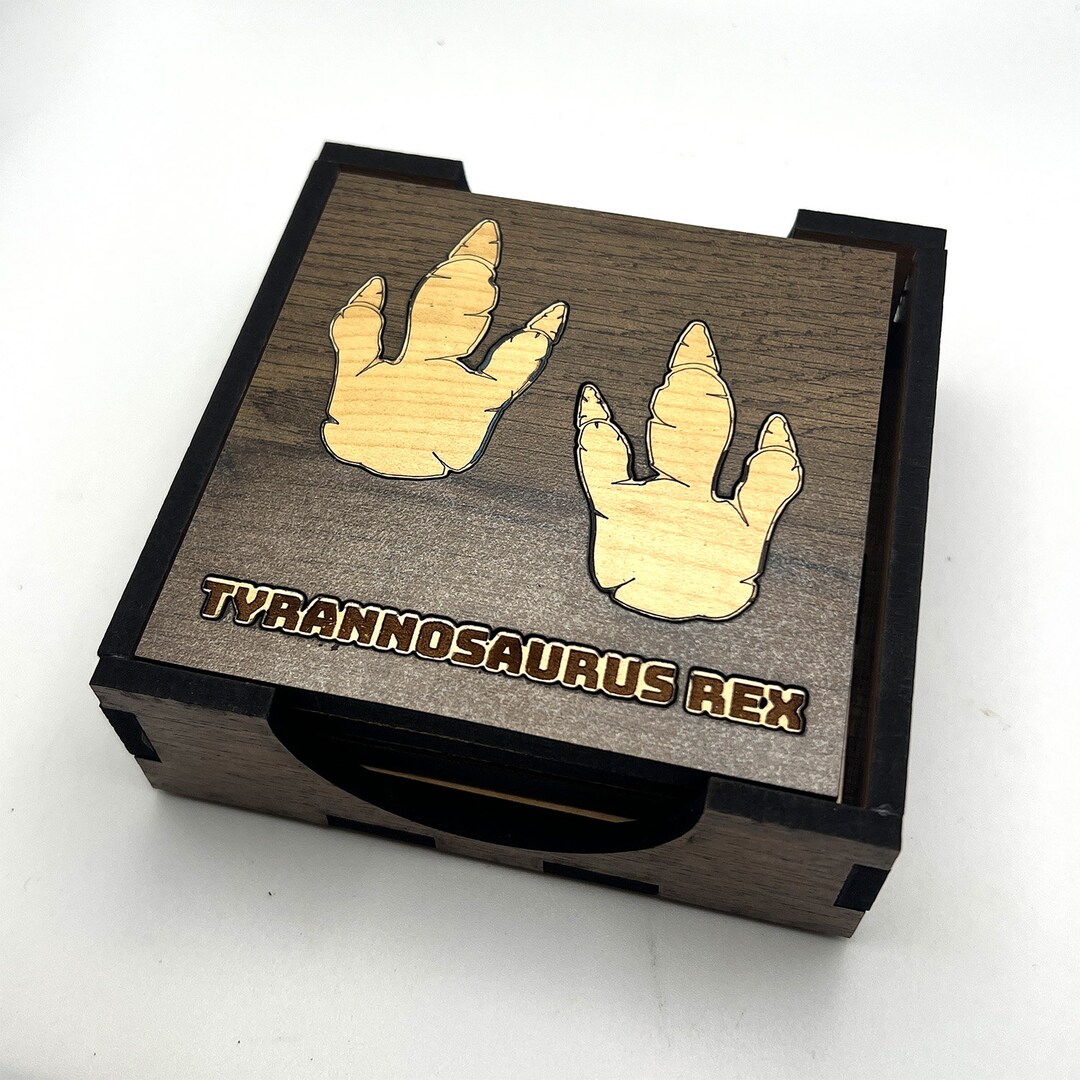 Tyrannosaurus Rex and Velociraptor Dinosaurs Tracks Wood Inlay Drink ...