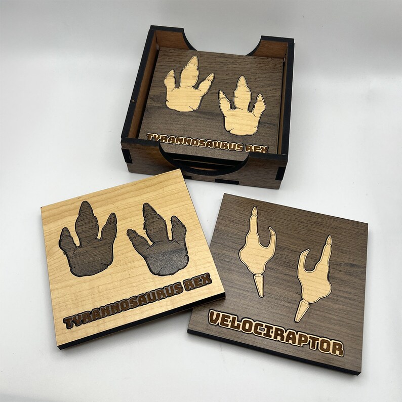 Tyrannosaurus Rex and Velociraptor Dinosaurs Tracks Wood Inlay Drink ...
