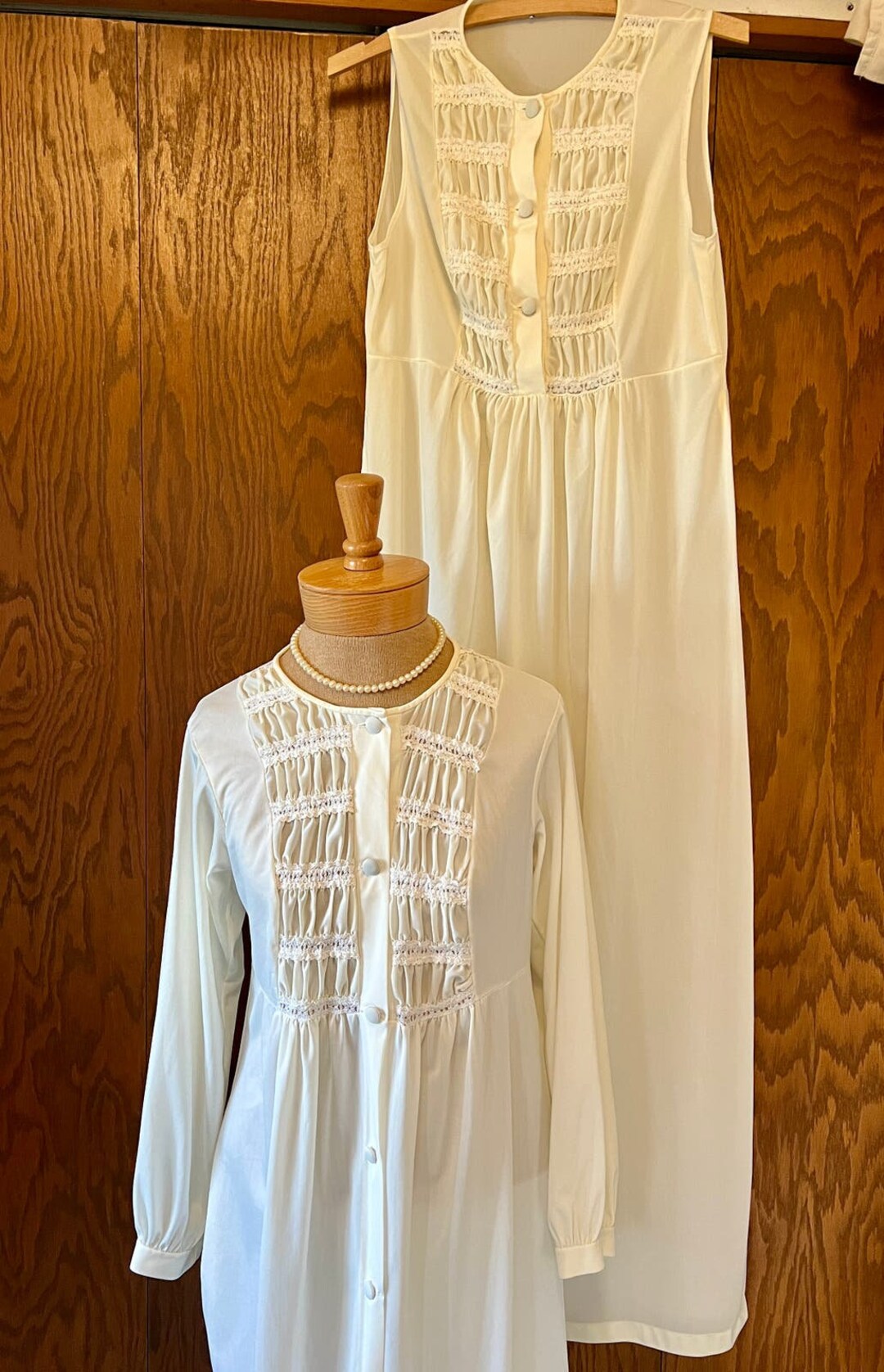 Vintage 60s Peignoir Set Cream Color Nylon Ruched Front Maxi Nightgown ...
