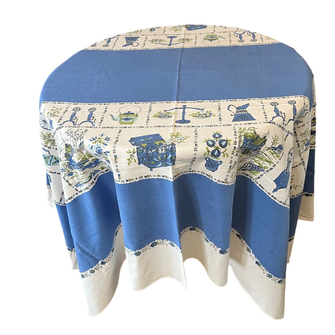 Vintage Blue White Farmhouse Theme Cotton Tablecloth 63 X 52 French ...