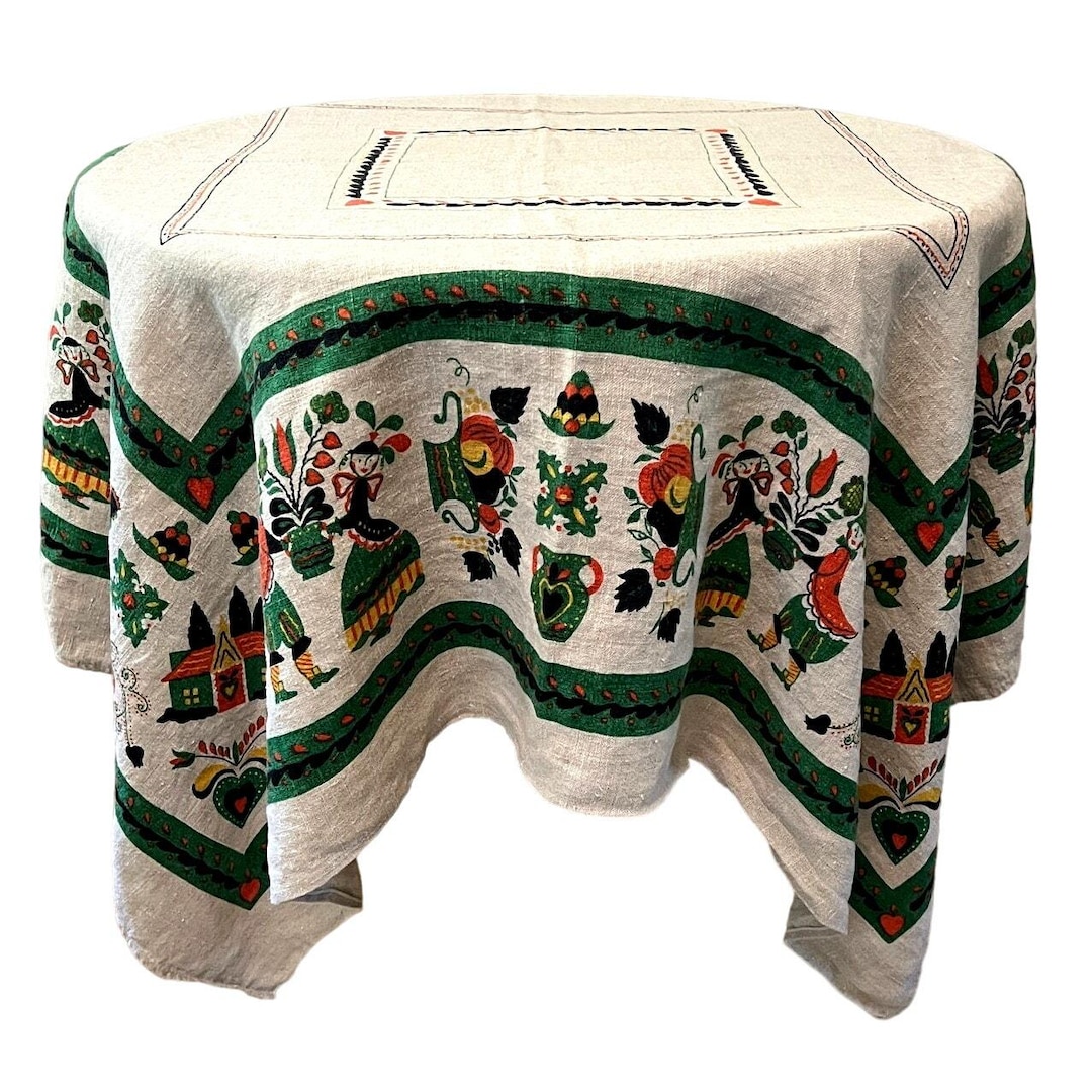 Scandinavian Dutch Folk Art Theme Linen Luncheon Tablecloth Vintage 47 ...