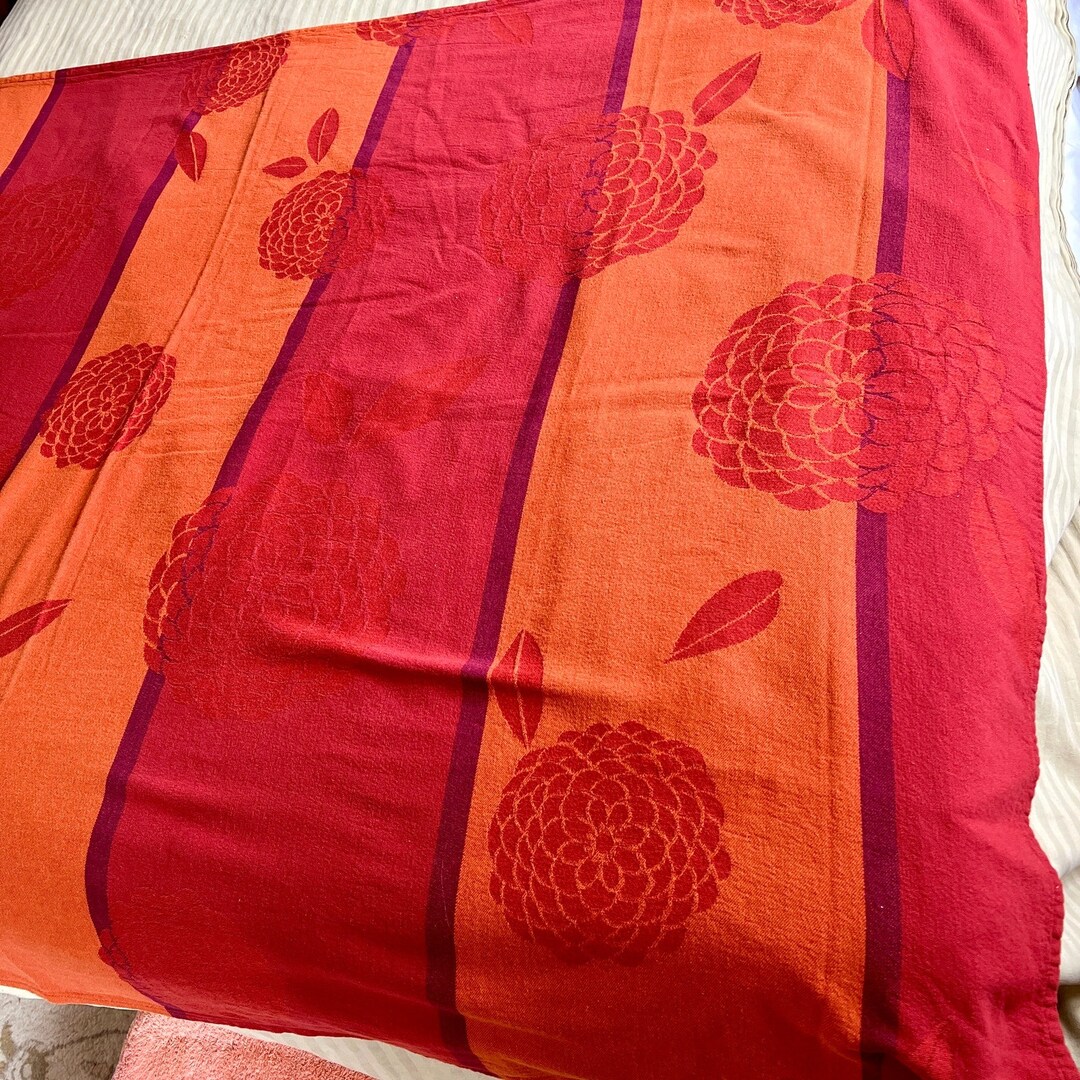 Vintage Floral Striped Red Orange Floral Cotton Tablecloth Rectangle 66 ...