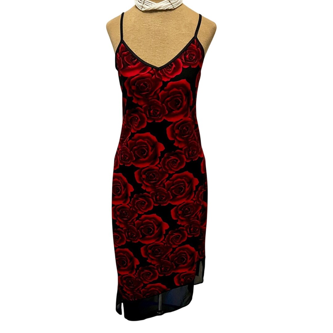 Y2K Rocket Candy Black Red Roses Floral Summer Dress Asymmetrical Hem ...