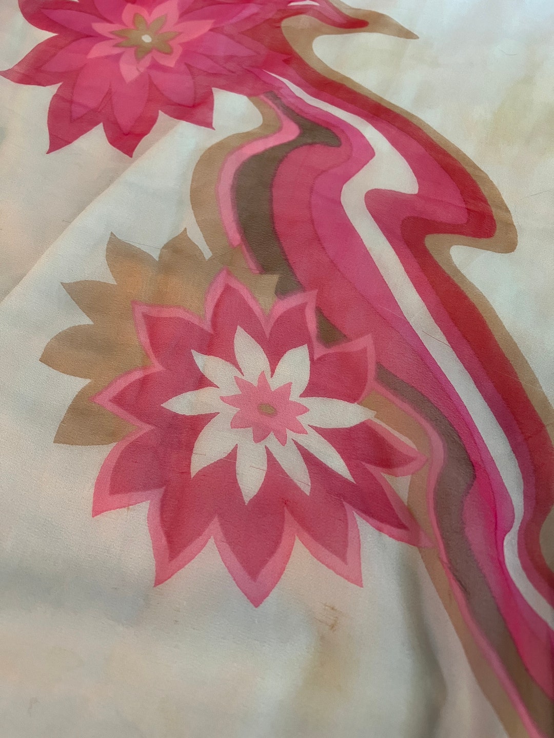 Vintage Semi Sheer Pink Floral Wave Pattern Scarf, Vintage Pink Neck ...