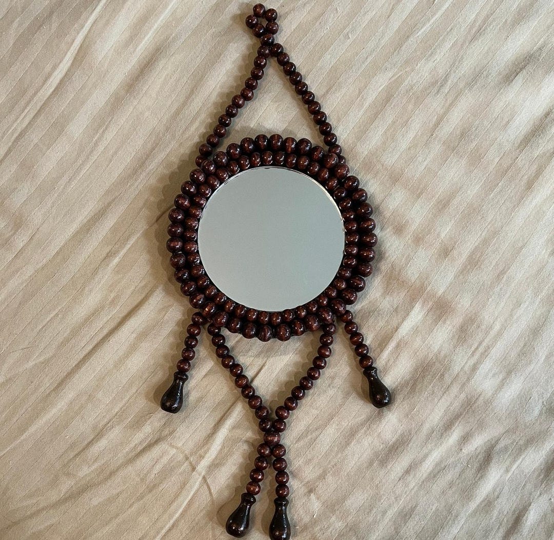 MCM Wood Beaded Round Mirror 70's Home Decor, Vintage Boho Hippie ...