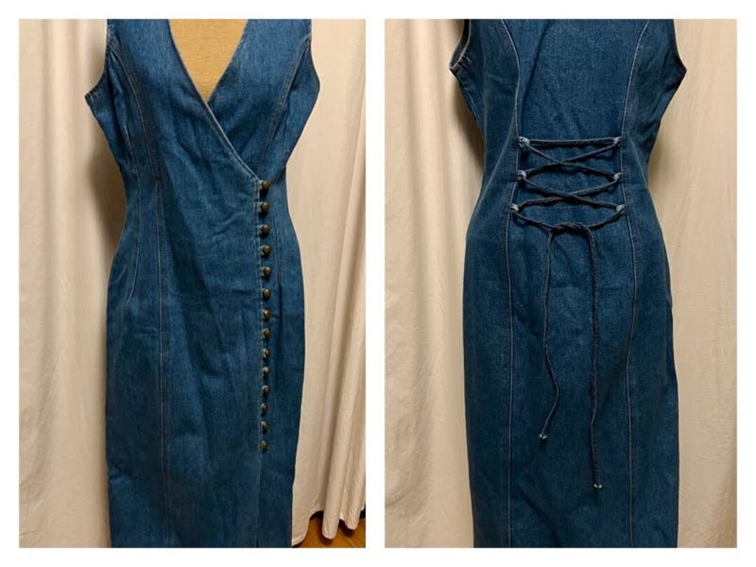 90s Patty Denim Maxi Cross Body Dress Button Front Cinch Back Size ...