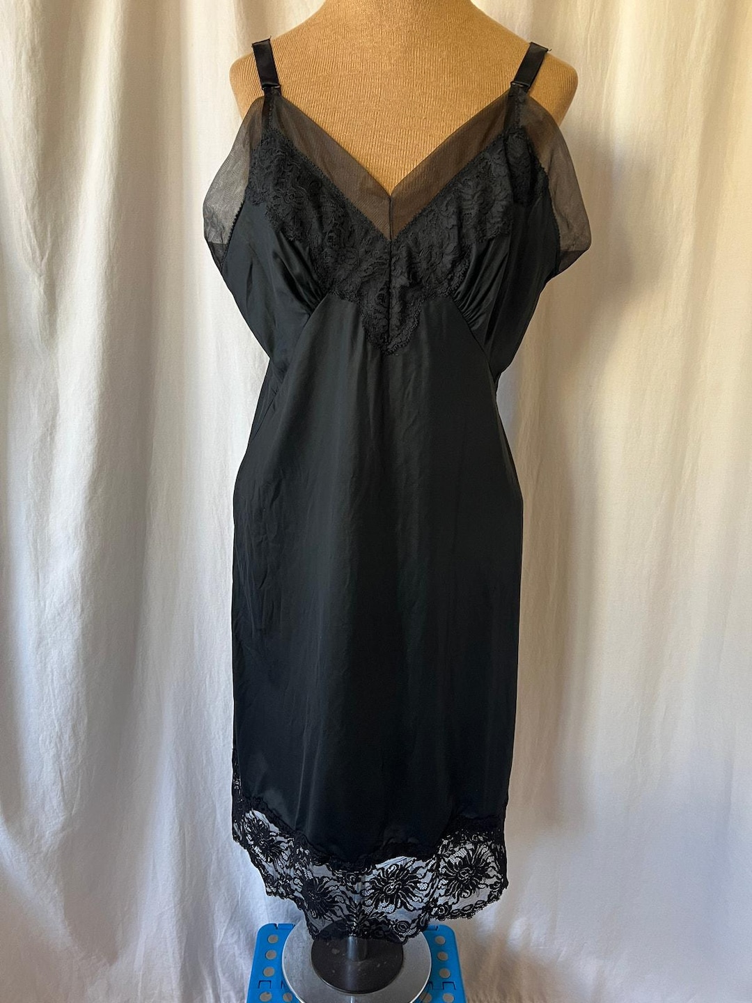 Vintage 50s Movie Star Black Nylon Slip Dress Lace Chiffon Lingerie ...
