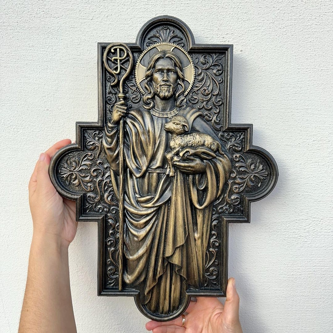 Jesus the Good Shepherd, Catholic Icons, Wooden Carved, Religious Gift ...