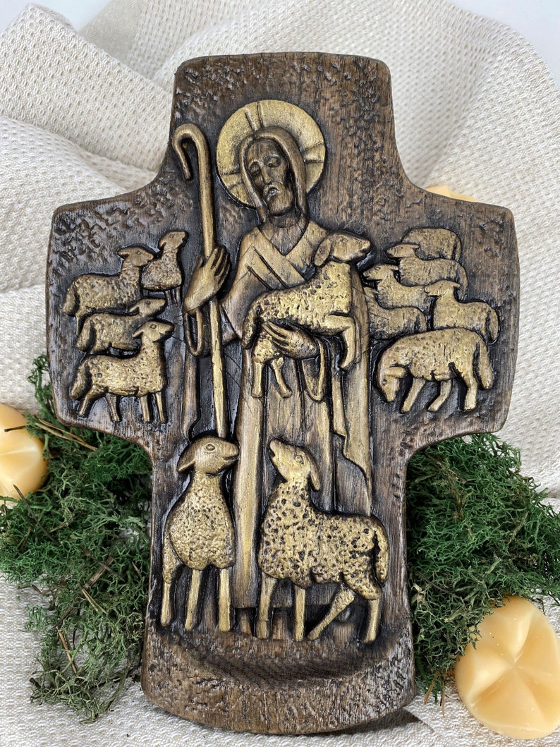 Jesus Crucifix Jesus the Good Shepherd Cross in Oak Wood - Etsy