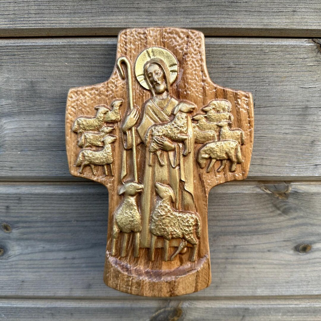 Jesus the Good Shepherd, Jesus Crucifix, Religious Cross, Wood Carving ...