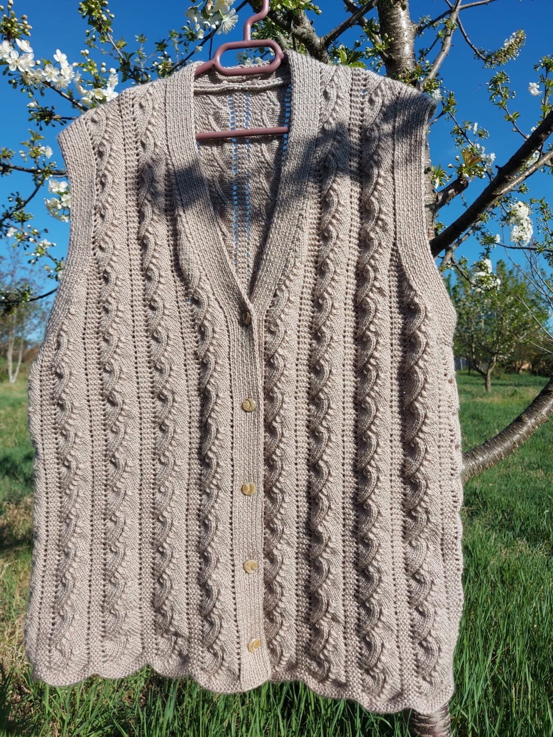 Vintage Handknitted Wool Buttoned Long Women Vest, Mink Colored Ladies ...