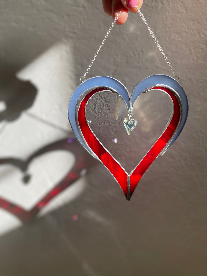 Stained Glass Heart With Genuine Drop Crystal Heart Suncatcher - Etsy