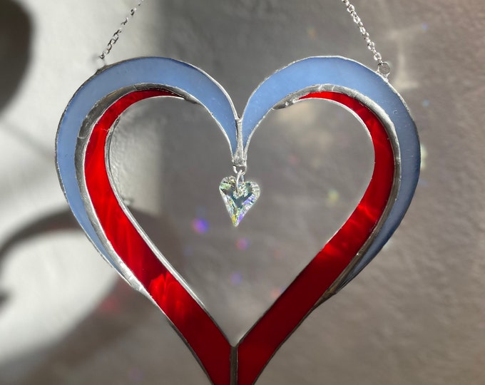 Stained Glass Heart With Genuine Drop Crystal Heart Suncatcher - Etsy