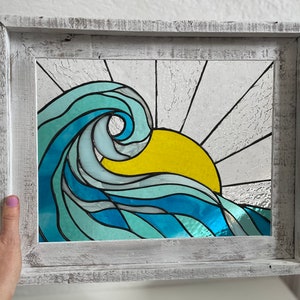 Stained Glass Ocean Wave and Sun Framed Window Panel - Etsy