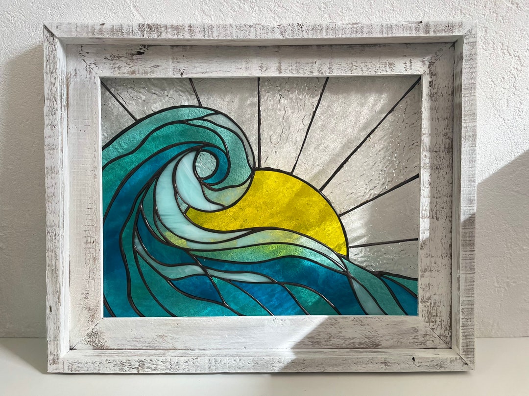 Stained Glass Ocean Wave and Sun Framed Window Panel - Etsy