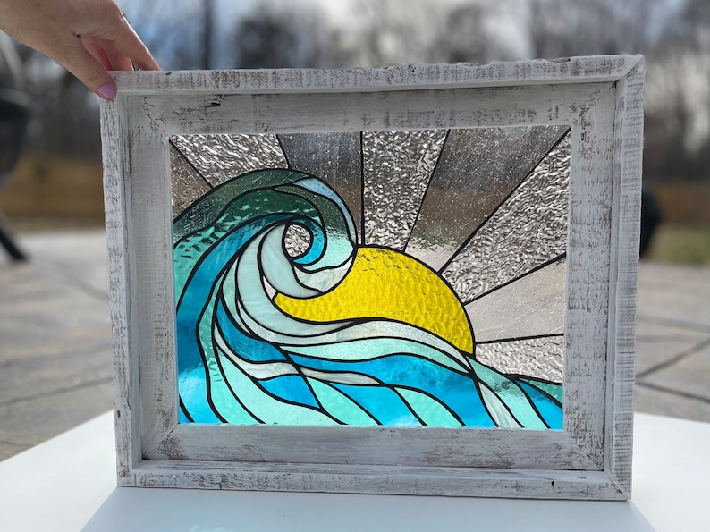 Stained Glass Ocean Wave and Sun Framed Panel - Etsy