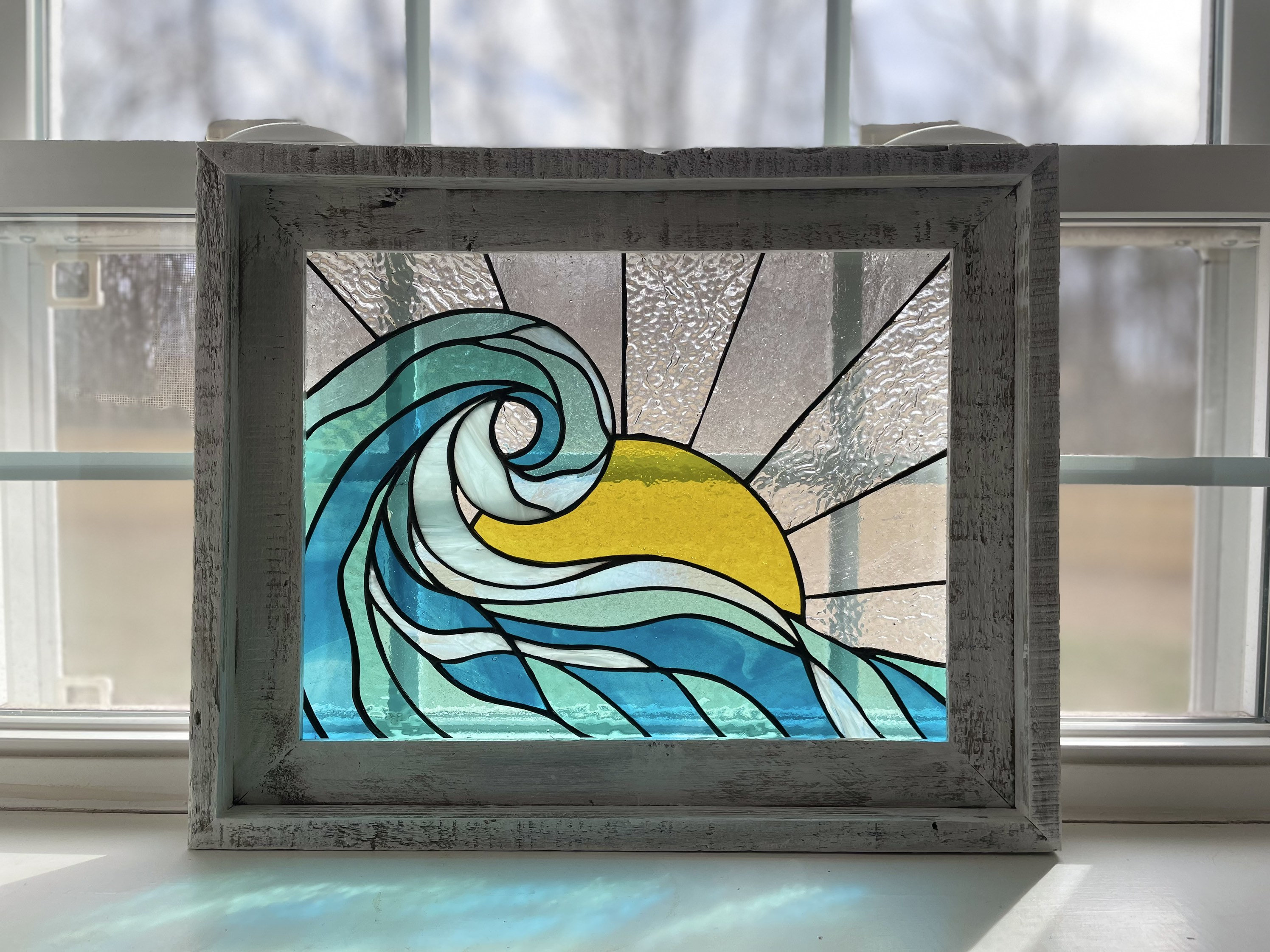 Stained Glass Ocean Wave And Sun Framed Panel Etsy