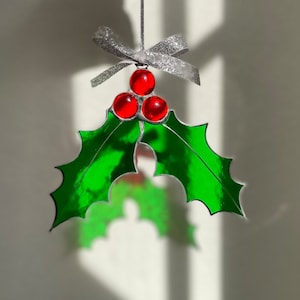 Stained Glass Holly Berry Suncatcher, Sparkling Silver Bow Christmas ...