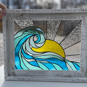 Stained Glass Ocean Wave and Sun Framed Window Panel - Etsy