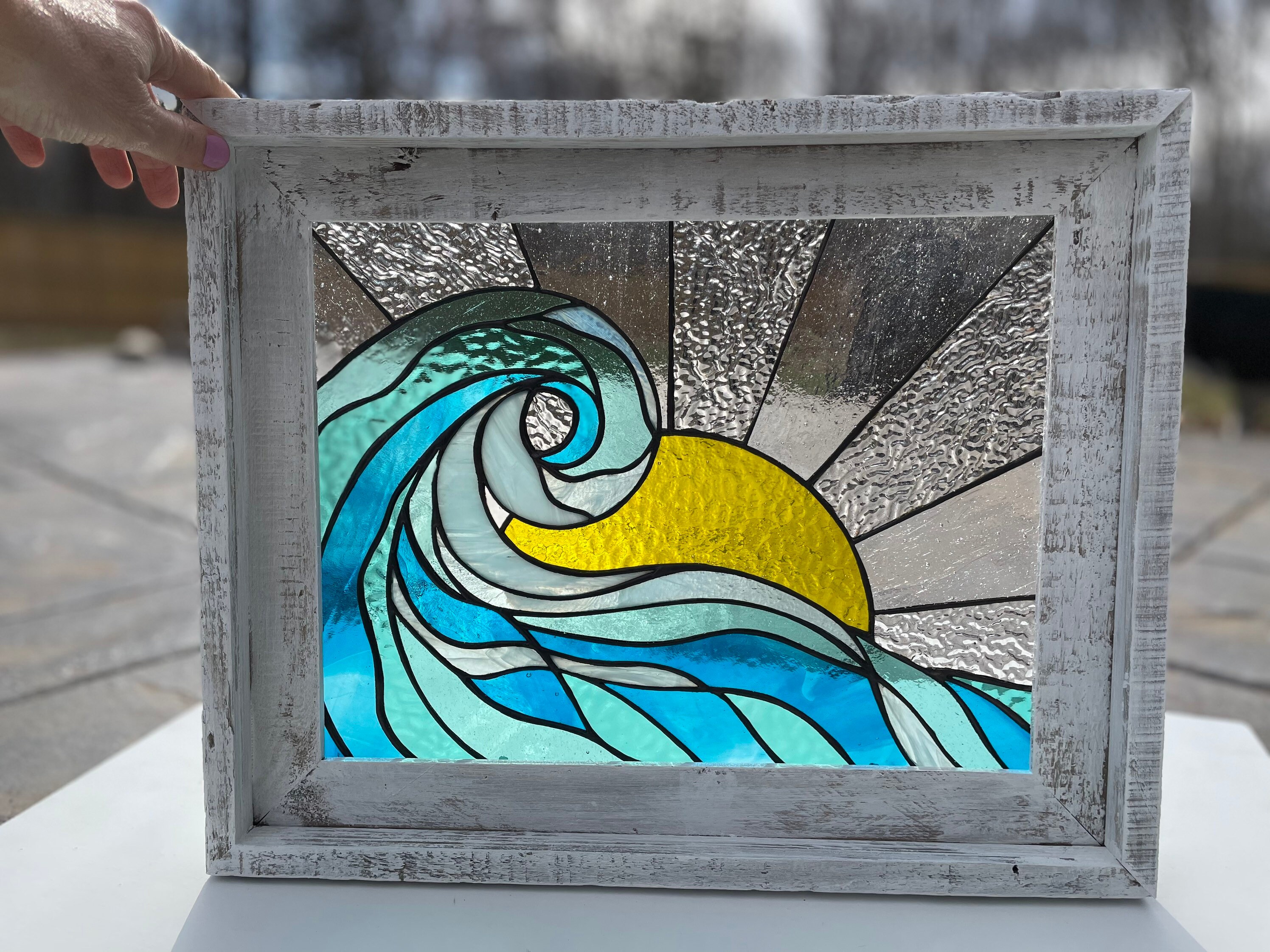 Stained Glass Ocean Wave and Sun Framed Panel - Etsy
