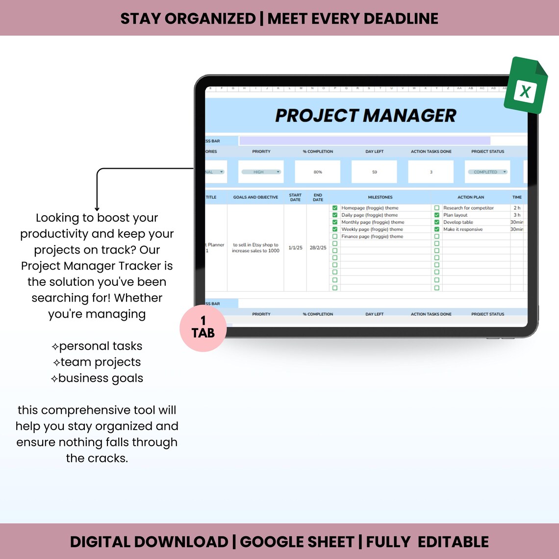 Project Manager Spreadsheet Template Task Tracker and Planner Editable ...