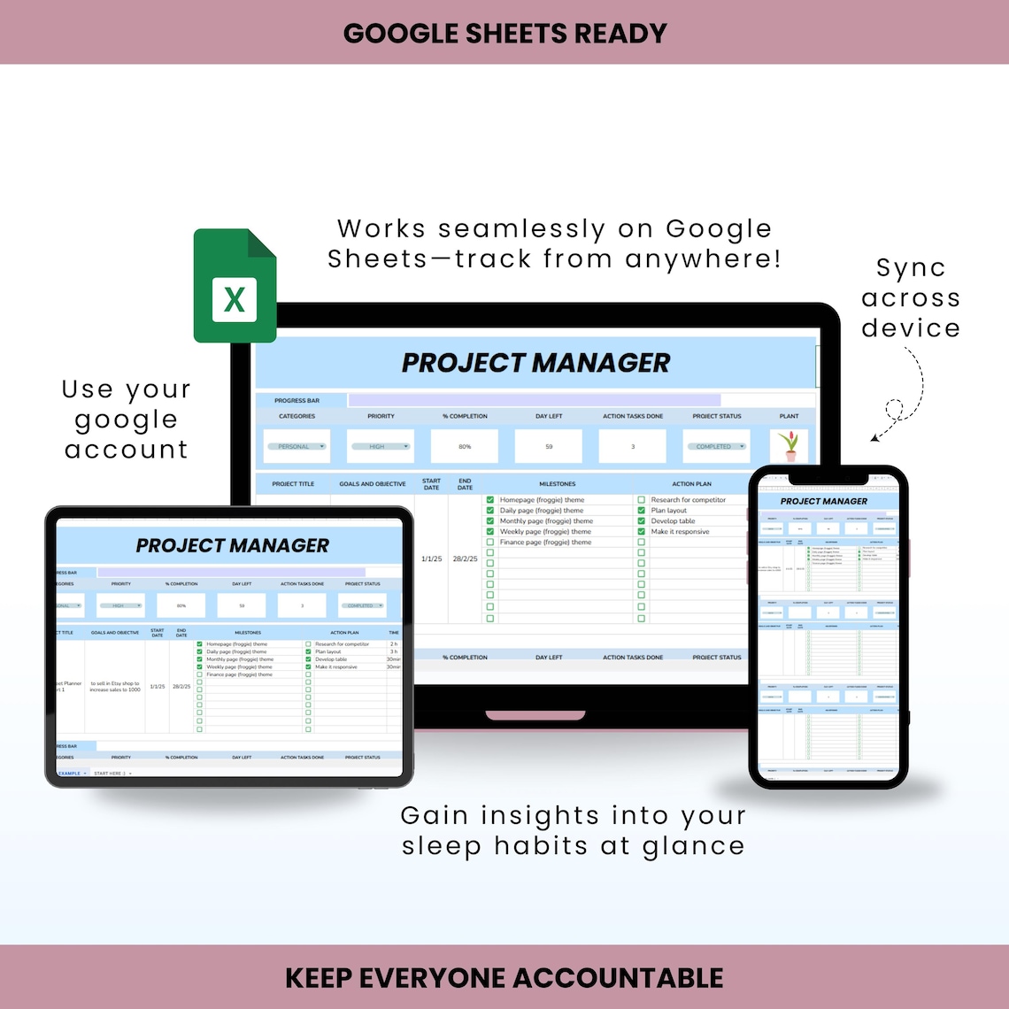 Project Manager Spreadsheet Template Task Tracker and Planner Editable ...
