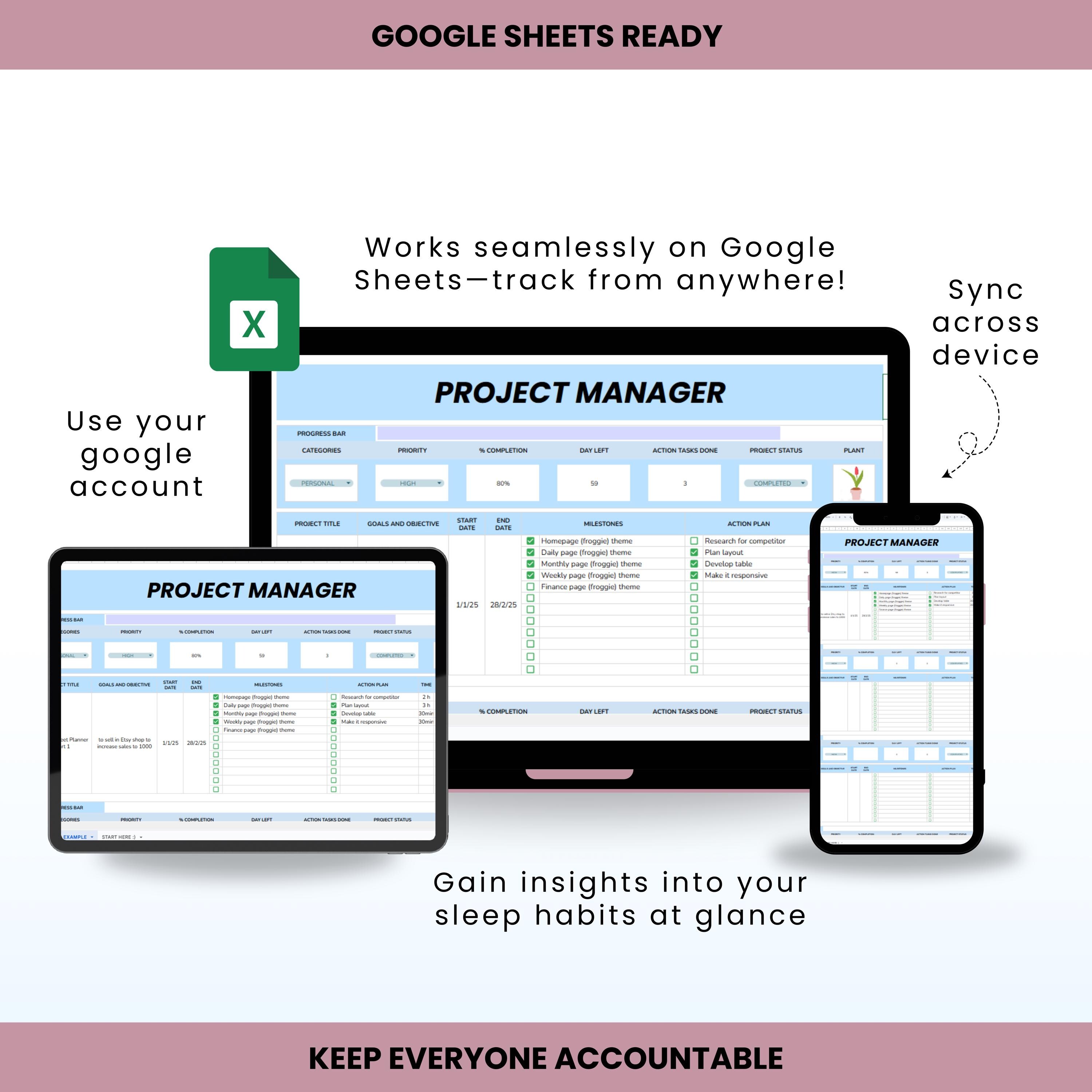 Project Manager Spreadsheet Template Task Tracker and Planner Editable ...