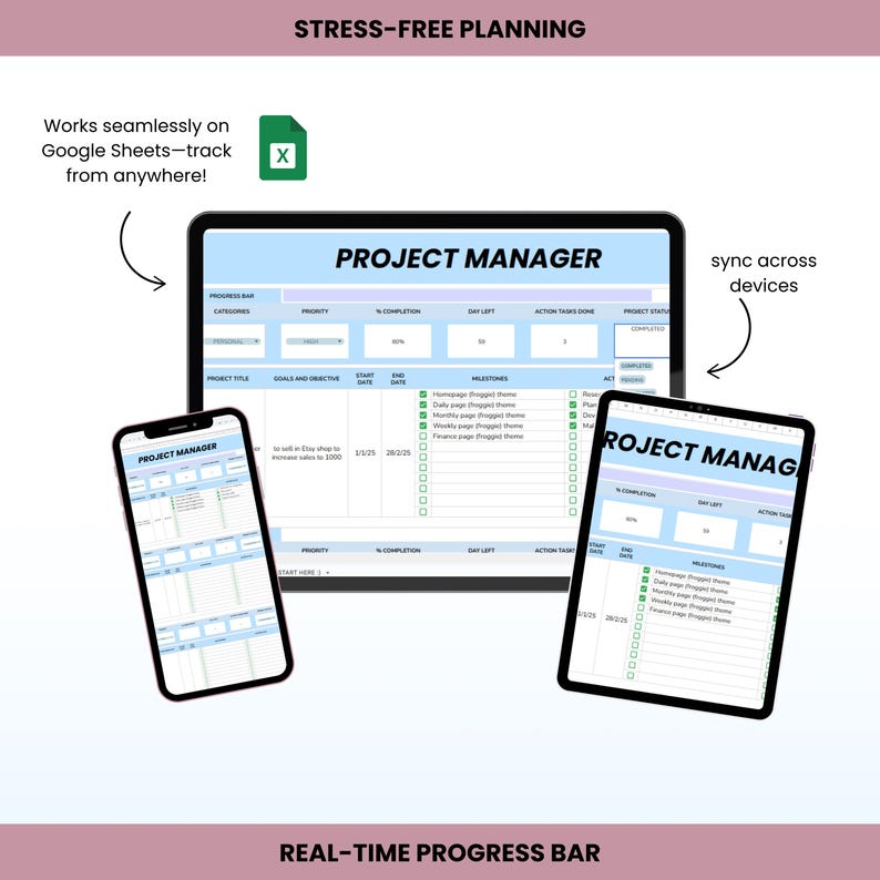 Project Manager Spreadsheet Template Task Tracker and Planner Editable ...