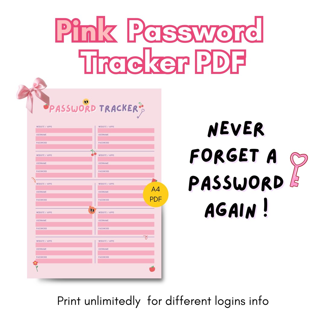 Pink Password Tracker Printable A4 Personal Password Organizer ...