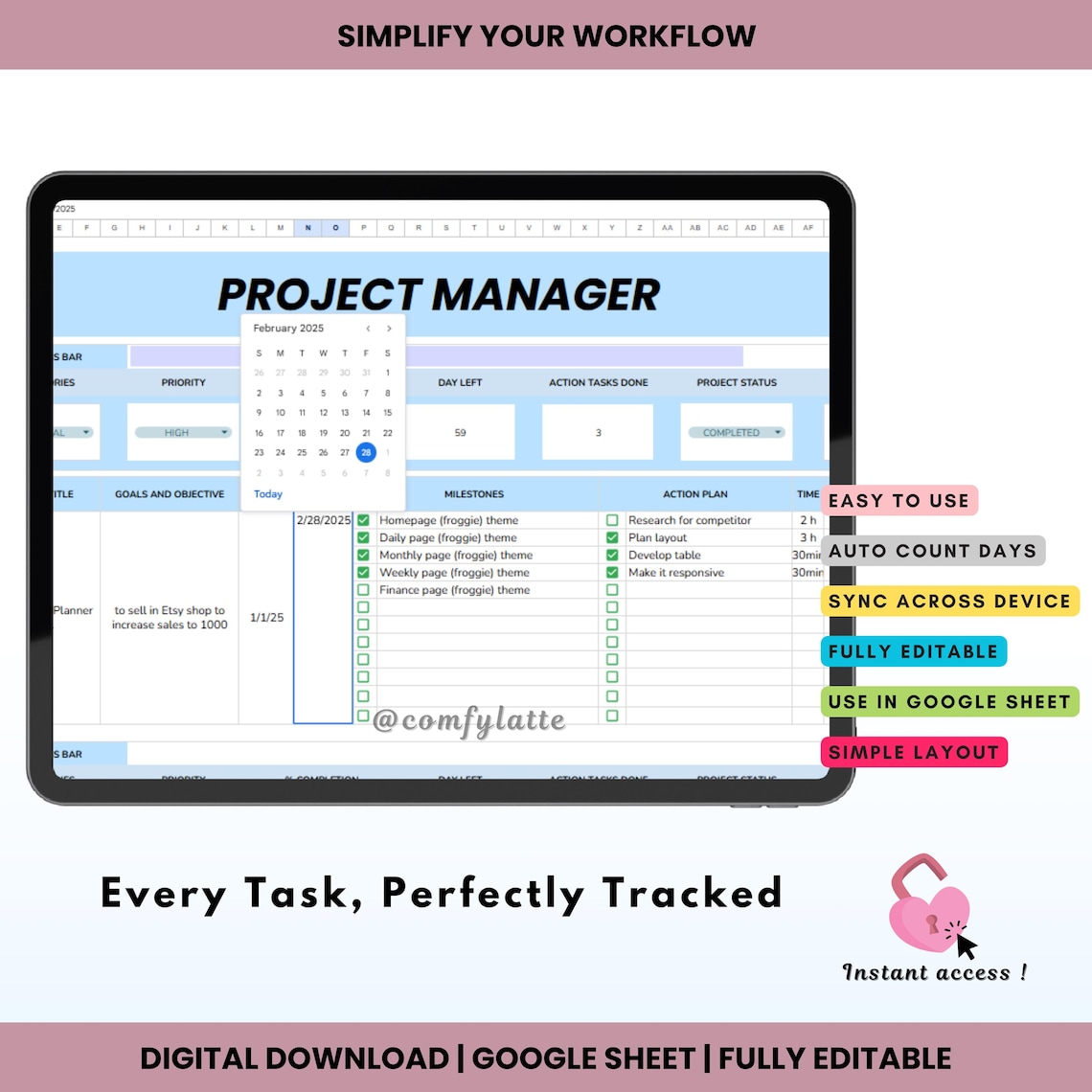 Project Manager Spreadsheet Template Task Tracker and Planner Editable ...