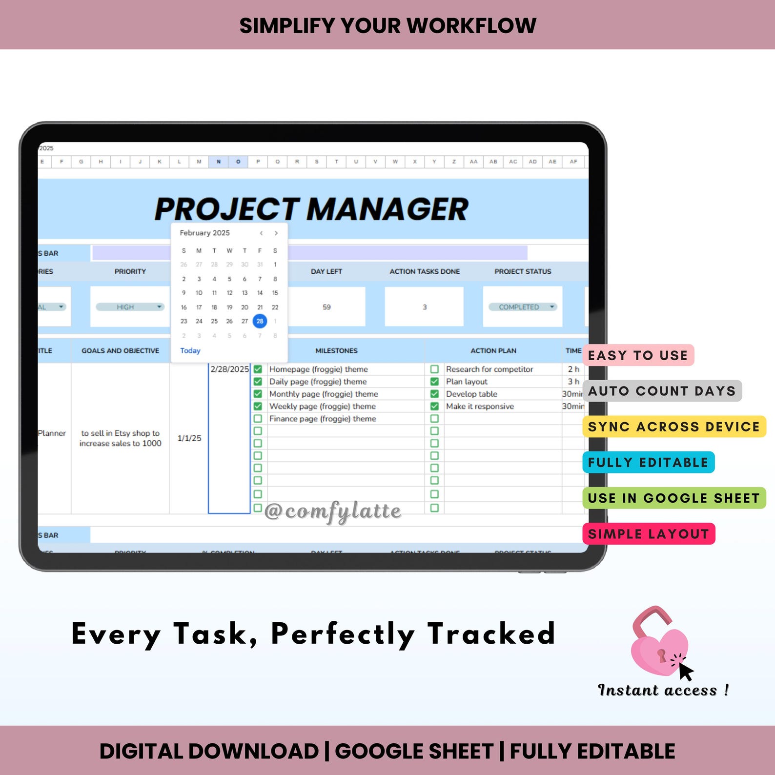 Project Manager Spreadsheet Template Task Tracker and Planner Editable ...