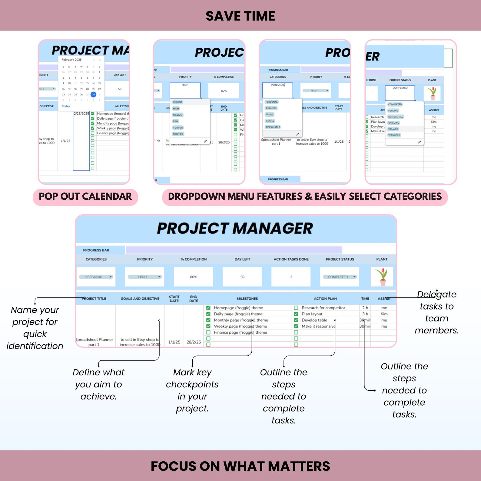 Project Manager Spreadsheet Template Task Tracker and Planner Editable ...