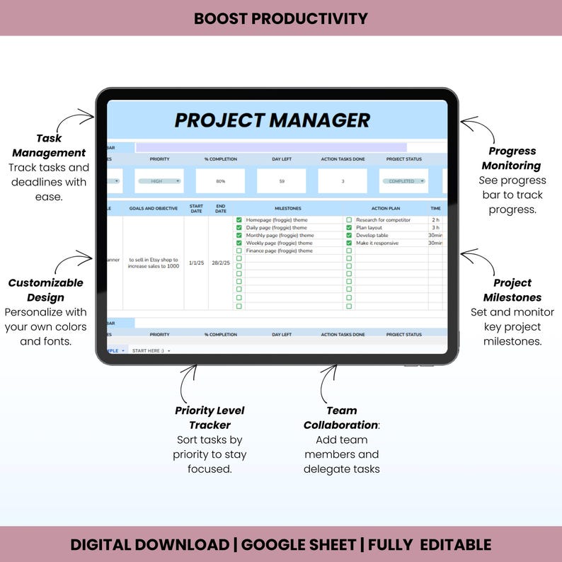 Project Manager Spreadsheet Template Task Tracker and Planner Editable ...