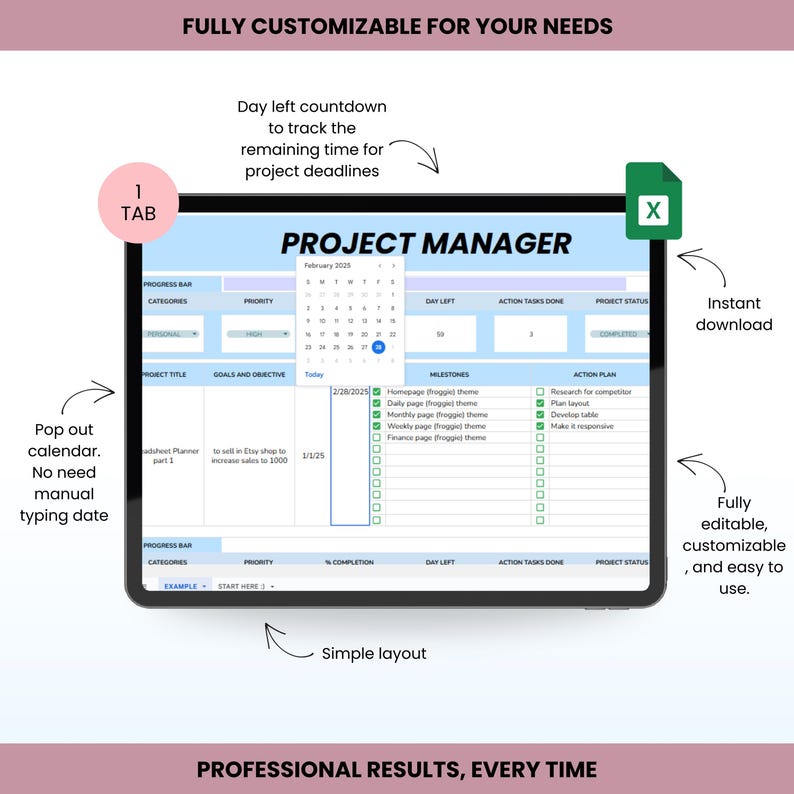 Project Manager Spreadsheet Template Task Tracker and Planner Editable ...