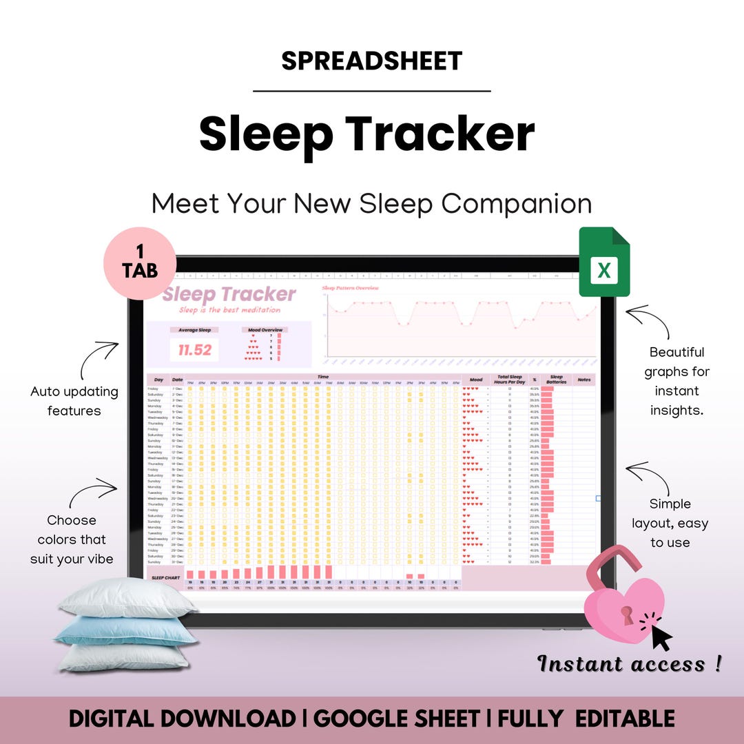 Sleep Tracker Spreadsheet Google Sheets, Digital Sleep Tracker & Mood ...
