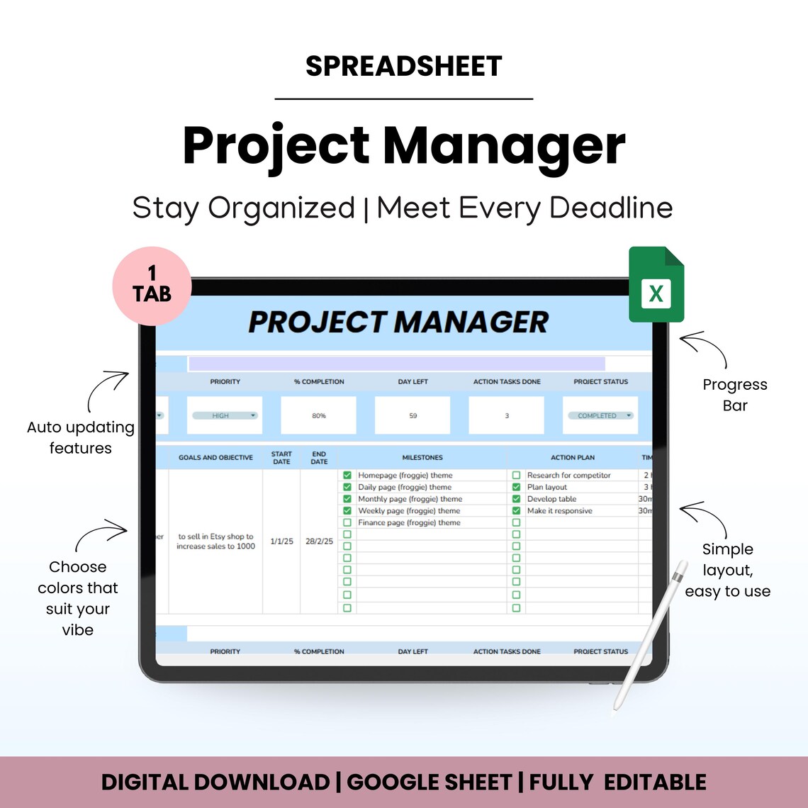 Project Manager Spreadsheet Template Task Tracker and Planner Editable ...