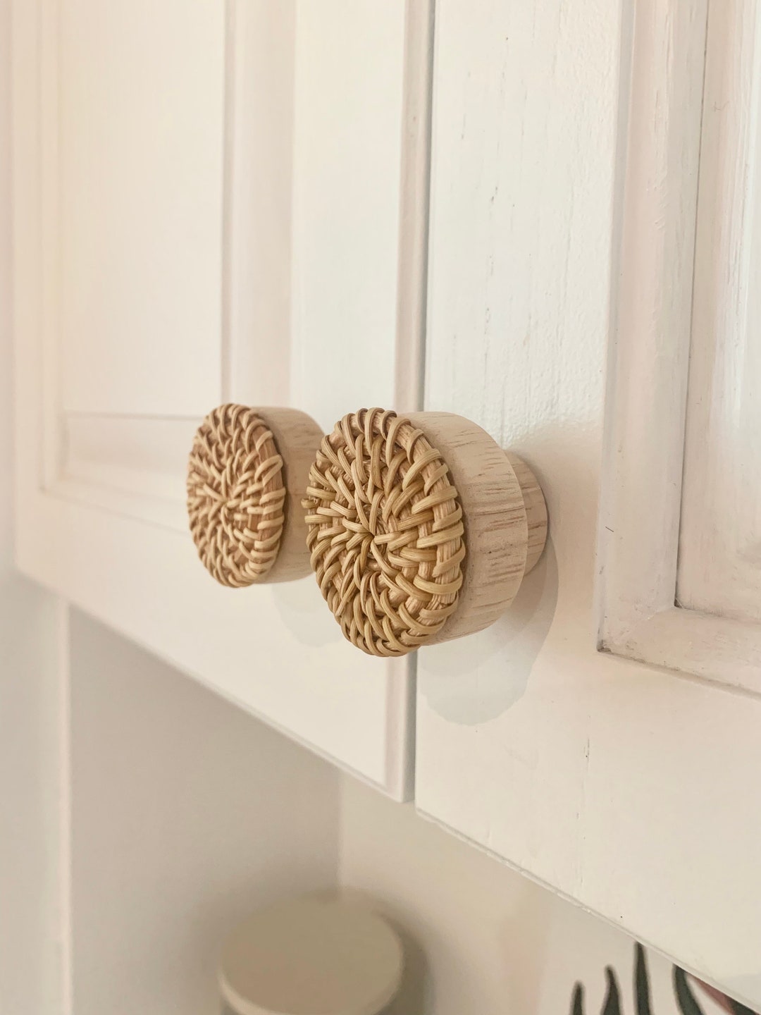 Set of 2 BOHO Cabinet Knobs - Wooden Drawer and Cupboard Handles - Bohemian Rattan and Wood ...
